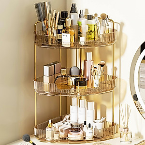 Acrylic Bathroom Tray, 3 Tier Corner Bathroom Organizer Countertop, Makeup Organizer for Vanity Dresser Kitchen, Corner Storage for Skincares Perfume Toiletries- Amber Gold