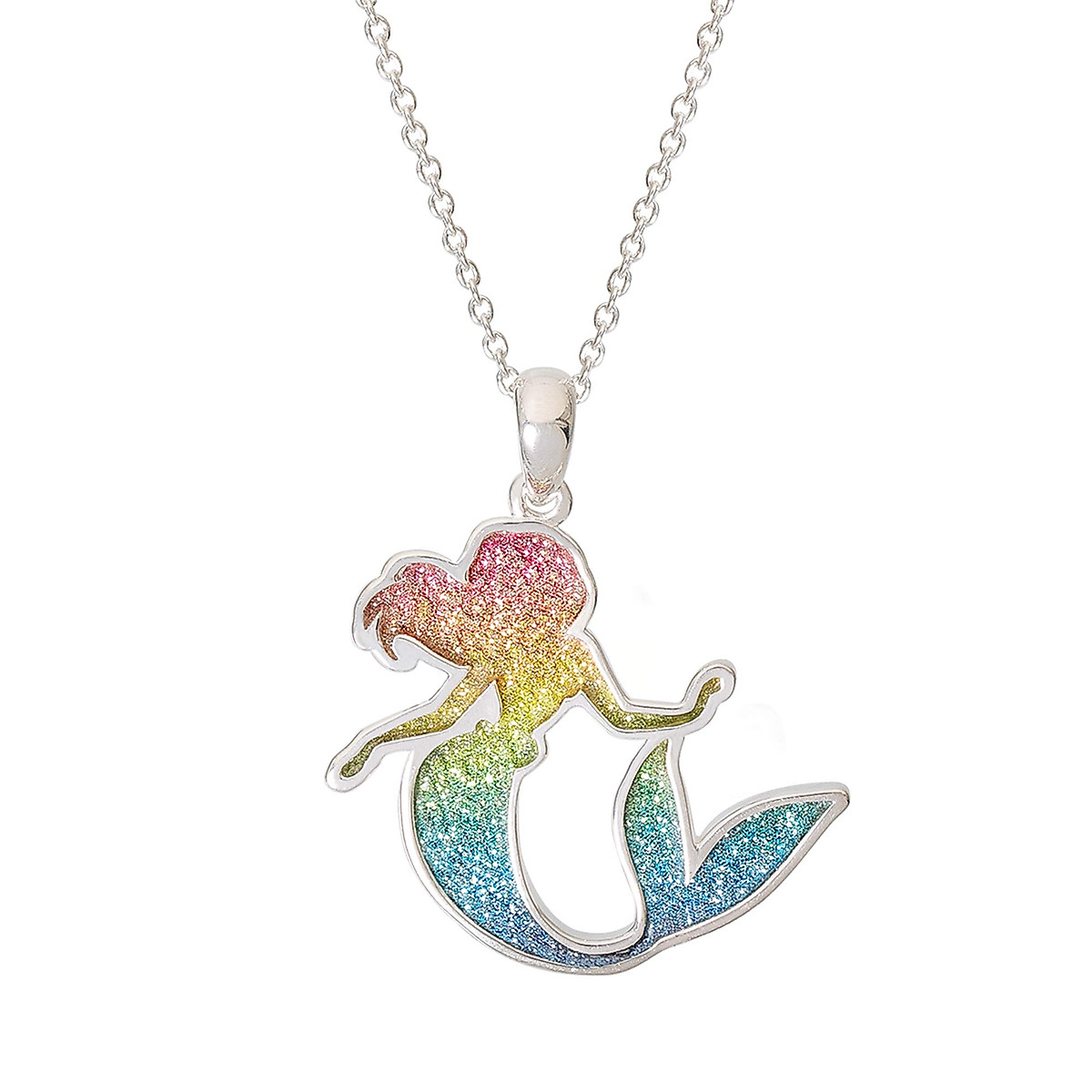 Disney Jewelry for Women, Princess Ariel Rainbow Glitter Pendant Necklace, Silver Plated, 18”
