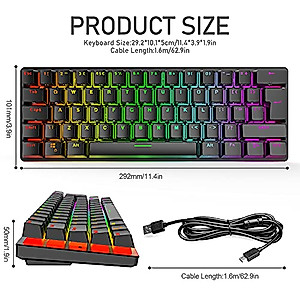 Compact 60% Mechanical Gaming Keyboard with Ergonomic Anti-ghosting Mini 61 Key Layout Rainbow RGB Backlight Waterproof Metal Plate Type-C USB Wired for PC Mac Gamer Office Typist (Black/Blue Switch)