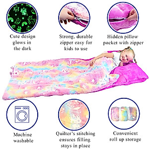 Rainbow Sleeping Bag Glow in The Dark Unicorn Slumber Bag for Girls - Plush Glowing Girly Nap Mat for Kids- Narwhal & Kitticorn Pink Large 66in x 30in Warm Sleeping Blanket Pad for Girls