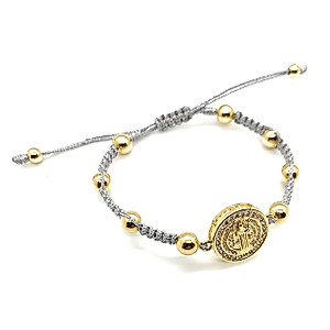 Alea Collection St Benedict Cubic Zirconia Medal Metallic Silver String Protective Bracelet Against Bad Energies and Envy