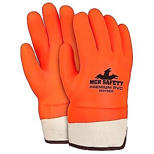 MCR Safety 6521SCO Double Dipped PVC Foam Lined Sandy Finish Men's Gloves with Rubberized Safety Cuff, Orange, Large, 1-Pair