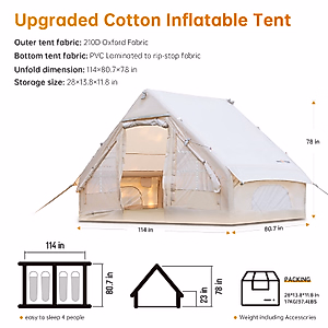 Inflatable Camping Tent with Pump, Glamping Tents, Easy Setup 4 Season Waterproof Windproof Outdoor Blow Up Tent, Luxury Cabin Tent with Mesh Windows & Doors