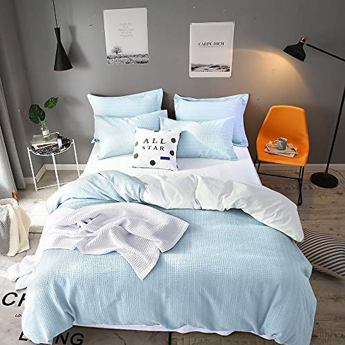 Merryfeel Waffle Duvet Cover Set,100% Cotton Sand Washed Waffle Weave Duvet Cover and Pillowshams,3 Pieces Bedding Set-King Blue
