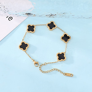 WSupikio Link Bracelets for Women Girls Trendy Bracelet Cute Plated 18K Gold Lucky Adjustable Clover Link Bracelets Mother's Day Christmas Gift Jewelry (Black)