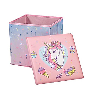 Idea Nuova JoJo Siwa Believe in Your Dreams Unicorn 3 Piece Collapsible Storage Set with Collapsible Ottoman, Bin and Figural Dome Pop Up Hamper, Pink
