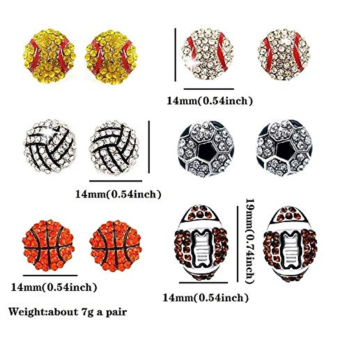 6 Pair Upgrade Unique Rhinestone Stud Earrings Cute Basketball Volleyball Baseball Football Rugby Shiny Crystal Sport Earrings for Women Gift-6pairs
