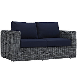 Modway EEI-1865-GRY-NAV Summon Wicker Rattan Outdoor Patio Sunbrella Loveseat in Canvas Navy