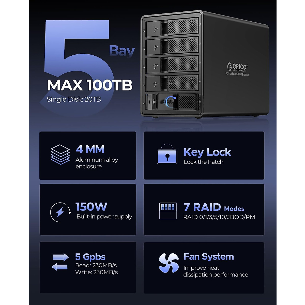 ORICO 5 Bay Raid Hard Drive Enclosure Aluminum USB 3.0 to SATA Hard Drive Tray Less Docking Station Max Up to 100TB Support RAID 0/1/3/5/10/JBOD Single Mode, Designed with Safety Lock-9558RU3
