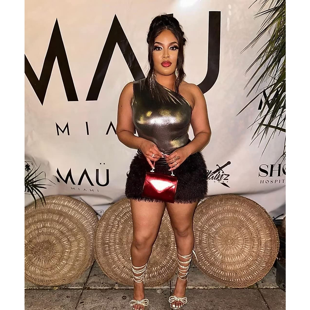 Kafiloe Women Sexy 2 Piece Outfits Clubwear One Shoulder Metallic Bodysuit Top Night Party Club Mini Skirt Set Black XL