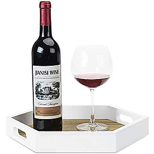 MyGift Hexagonal White Wood Decorative Tray with Handles and Burnt Wood Base, Geometric Serving Tray Ottoman Breakfast Tray