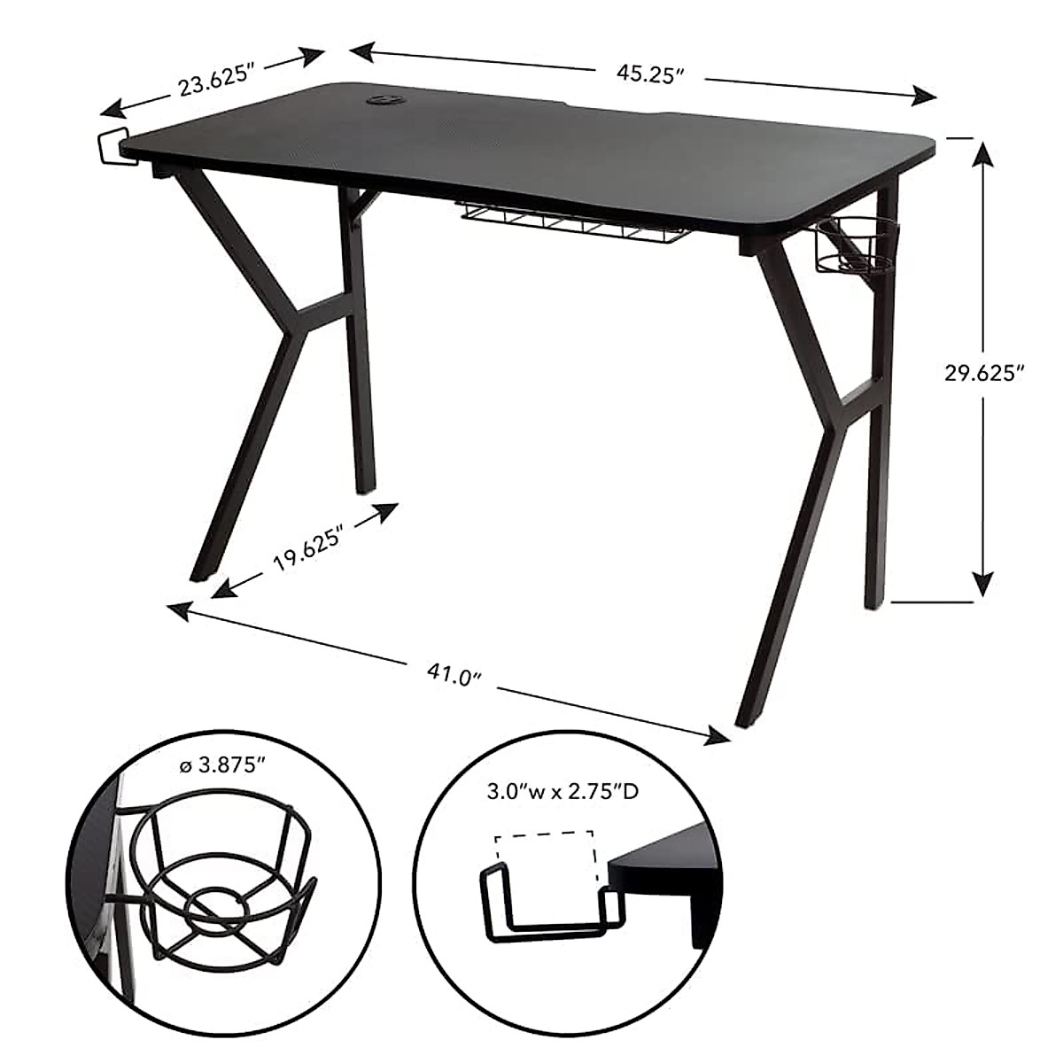 Atlantic Spectrum Executive/Gaming Desk, Carbon-Fiber Laminated Surface, All-Steel K-legs, Rear-Facing LEDs with Remote Control, Ergonomic Curved Front Edge, Cable Management Tray, PN 33906168 - Black