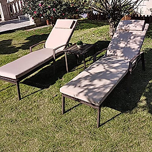 FYRICKYLINOO 3 Pieces Outdoor Patio Furniture PE Wicker Rattan Adjustable Backrest Chaise Lounge Set with Side Table & Headrest, 2 PCS Patio Furniture Pool Chaise Lounge Chairs Set with 1 PC Table