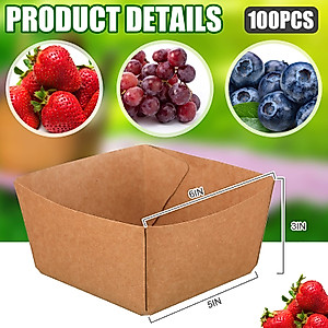 100 Pieces Large Size Berry Baskets 6 Inches Strong Kraft Paper Strawberry Baskets Berry Containers Box for Fruit Food Market Grocery Stores Backyard Party Farmer Market Supplies, Brown