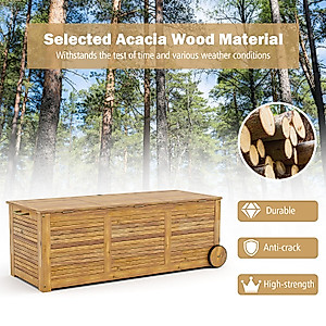 Tangkula 48 Gallon Outdoor Storage Box with Wheels, Portable Patio Acacia Wood Deck Box, with Side Handle, Waterproof Cover, for Patio, Balcony, Poolside, Garden (Natural)