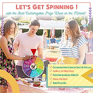 Prize Wheel Spinner Board Game - 12" Spin Wheel for Prizes with Stand, Slots 12, 6, 4 Color & White Spinning Wheels, Custom Logo Personalize Printable Self Adhesive Sheets, Dry Erase Pen, Eraser, Bag