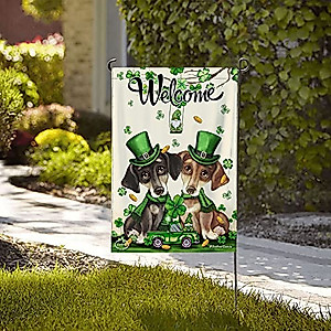 Welcome St. Patrick's Day Cute Dachshund Dog Puppy Lovers Luck Gnomes Green Garden Flag 12.5"x18" Double Sided Vertical Shamrock Clover Garden Flags For Outdoor Home Patio St. Patricks Yard Flag Decor