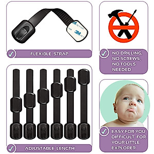 Baby Proofing Safety Cabinet Locks - Child Proof Latches for Dresser Drawer Cupboard Doors Closet Oven Refrigerator Fridge - Adjustable Childproof Straps by Oxlay - Black - 6 Pcs