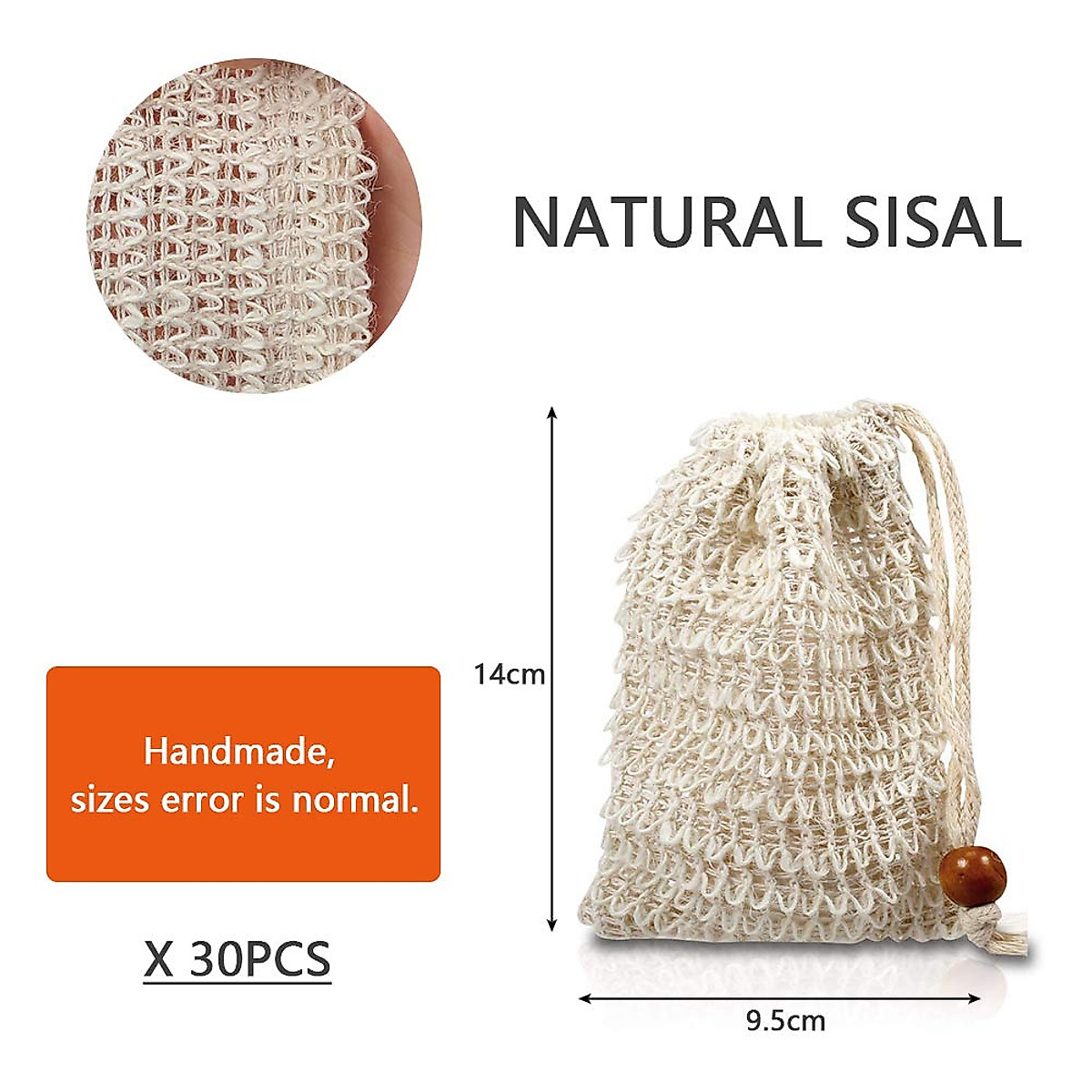 BUYGOO 30 Pack Soap Exfoliating Bag, Natural Soap Saver Hand Made Sisal Mesh Soap Bag Bar Soap Bag with Drawstring for Bath & Shower Use