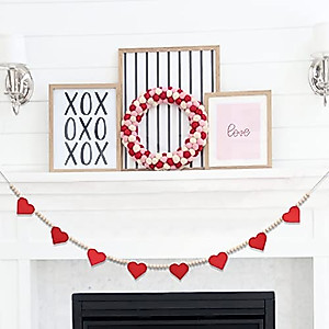 Valentine's Day Wood Bead Garland for Fireplace Mantel - Red Felt Hearts Love Decor Banner Natural Boho Modern Farmhouse Beaded Wall Hanging, Engagement Banner Photo Backdrop
