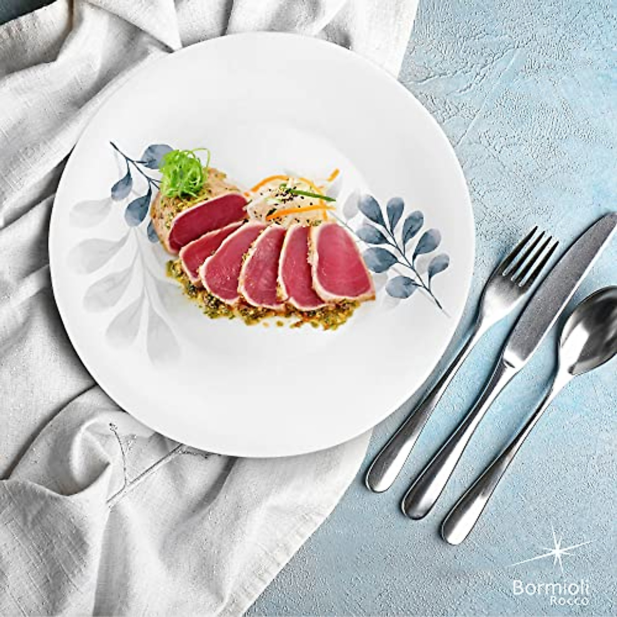 Bormioli Rocco White Moon Botanica Blue, Set Of 6, 10.75" Dinner Plates, Tempered Opal Glass Dishes, Dishwasher & Microwave Safe, Made In Spain.