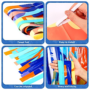 WovWeave 2 Packs Blue Dog Fringe Curtains 3.3 x 6.6 Ft Dog Paw Foil Fringe Backdrop Orange Blue and Light Blue Tinsel Streamers for Blue Dog Themed Baby Shower Birthday Party Supplies Decorations