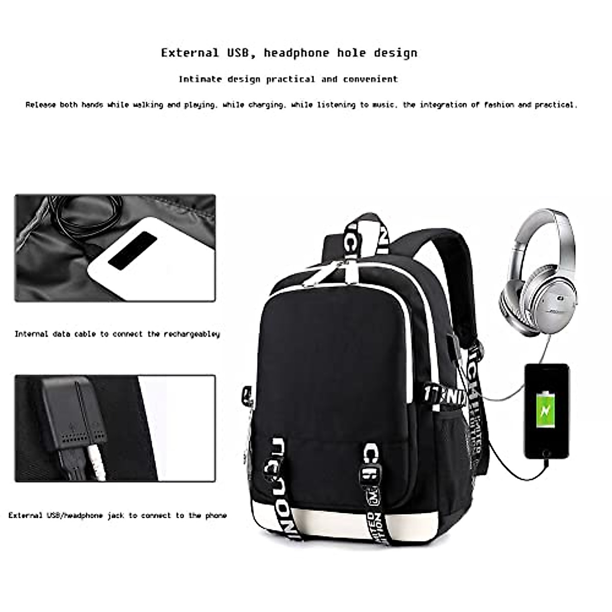 Casual Business Luminous Laptop Backpack USB Headphone Port University Student Men Women School Bag Outdoor Travel Bookbag (Ghost face)