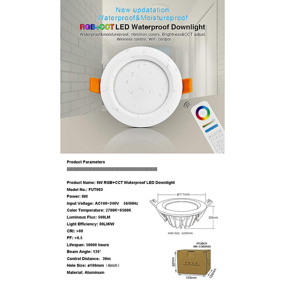 LGIDTECH FUT063 RGB CCT 6W LED Recessed Ceiling Downlight 4 Inch AC100-240V IP54 Must Work with Milight RGB+CCT Remote,B4 Panel Or Smartphone APP Control Via Gateway(Sold Separately)