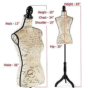 Female Mannequin Torso with Stand, Height Adjustable from 52'' to 67'' Dress Form with Tripod Base, for Dress Jewelry, Display, Beige Printing