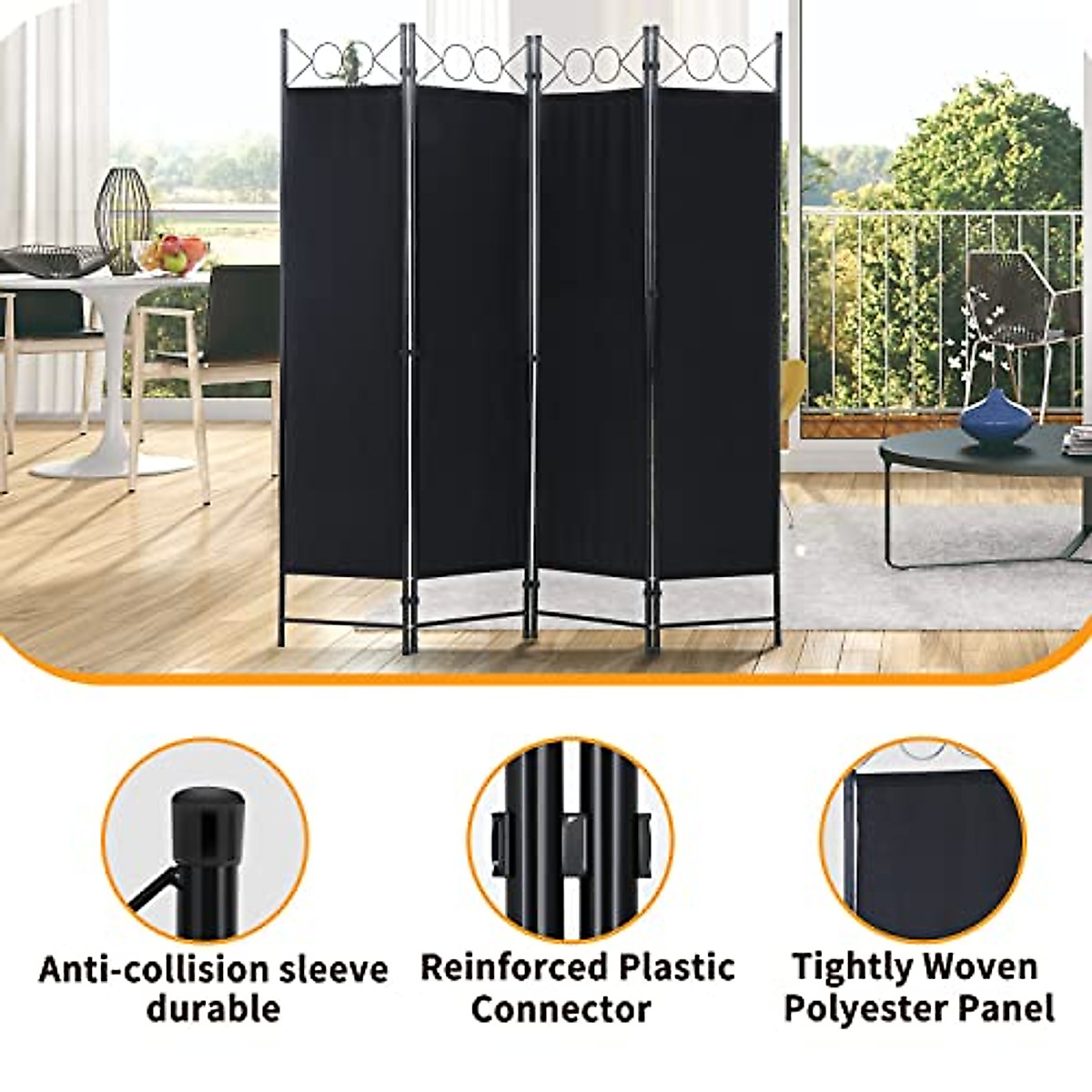 Room Divider,Folding Privacy Screen 4 Panels Portable Wall Divider Partition Room Dividers for Home Office Room Separation,Black