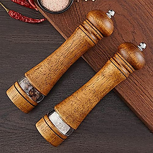 2-Piece Salt and Pepper Grinder Set, 8 Inch Wooden Salt and Pepper Mills with Adjustable Coarseness, Refillable Manual Pepper Mill Grinder for Home Cooks (Brown)