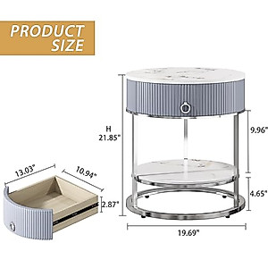 OIOG Modern End Table with Drawer, 2 Tier Side Table with Shelf, Round Nightstand with Sintered Stone Tabletop and Chrome Legs for Living Room, Bedroom, Home Office, Dorm, Silver