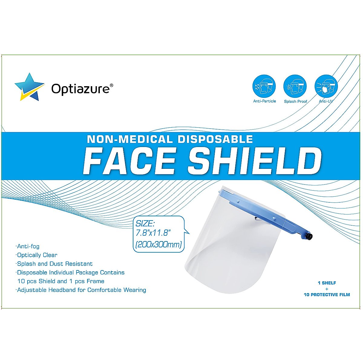 Optiazure Safety Face Shield, 1 Frame with 10 Removable Transparent Shield, Anti-fog, Splash and Dust Resistant