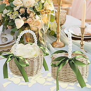 2 PCS Wicker Rattan Flower Girl Basket with 1000 PCS Artificial Silk Rose Petals Wedding Flower Girl Basket with Pearl Handle and Bow Fairy Flower Basket for Weddings Bridal Anniversary Party Decor
