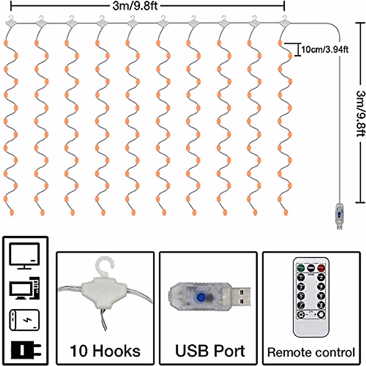 poripori 300 LED Curtain String Lights, Twinkle Fairy Lights for Bedroom with 8 Lighting Modes, USB Christmas Lights for Party Home Bedroom Indoor Wall Room Decor (White)