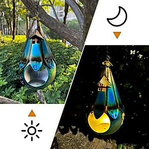 Solar Wild Bird Feeder, Wrought Iron Garden Hanging Ornament Birdhouse, Bird Feeder for Outdoors Hanging Solar Garden Lantern Bird House with S Hook as Gift Ideas for Bird Lovers (A)