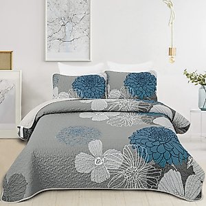 Floral Quilt Set Queen Blue Boho Bedspread 3 Pieces Soft Lightweight Coverlet with 2 Pillow Shams for All Season 96"x90"