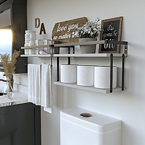 RICHER HOUSE 2+1 Tier Wall Mounted Floating Shelves Set of 2, Rustic Wood Wall Shelf with Metal Frame, Extra Storage Rack for Bathroom, Kitchen, Bedroom with Tissue Rack & Towel Bar - White