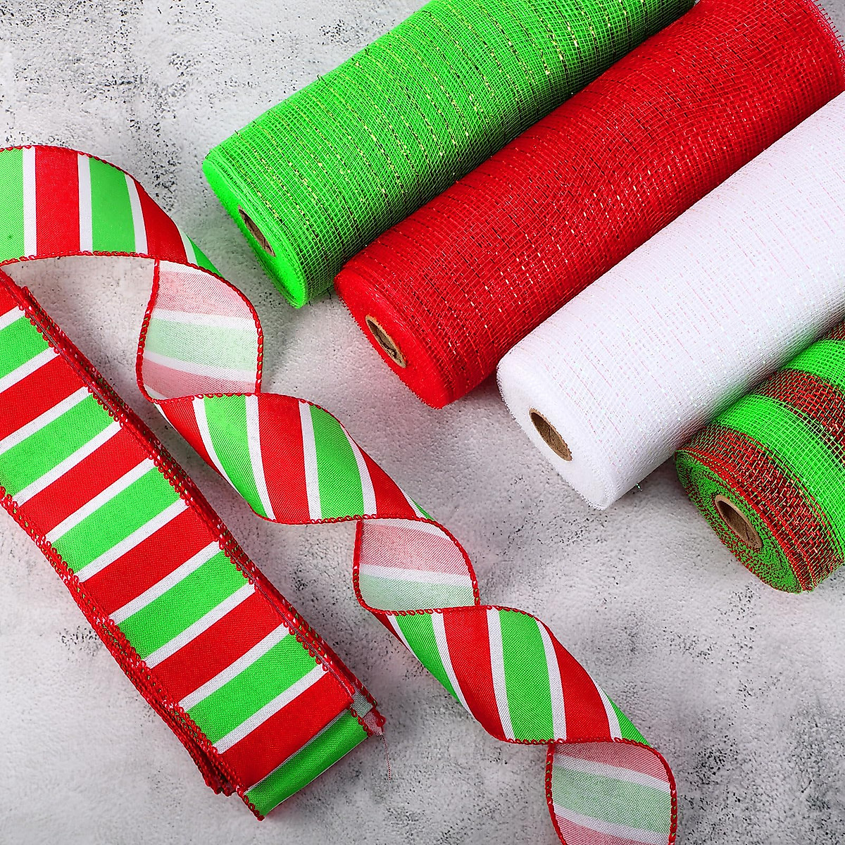 Unittype 5 Rolls Christmas Red Green 30 Feet Each Roll Poly Burlap Mesh with Ribbon 10 Inches for Day Party Gift Wrapping DIY Crafts, Style