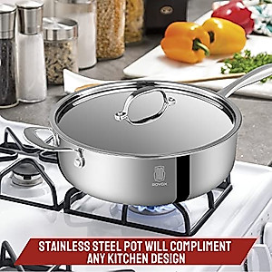 ROYDX Stainless Steel Skillet Saute Pan, 5 Quart Tri-ply Nonstick Large Fry Pans with Lid Single Stay-Cool Handle Cookware, Induction/Electric Gas Cooktops Oven Dishwasher Safe, for Kitchen Camping