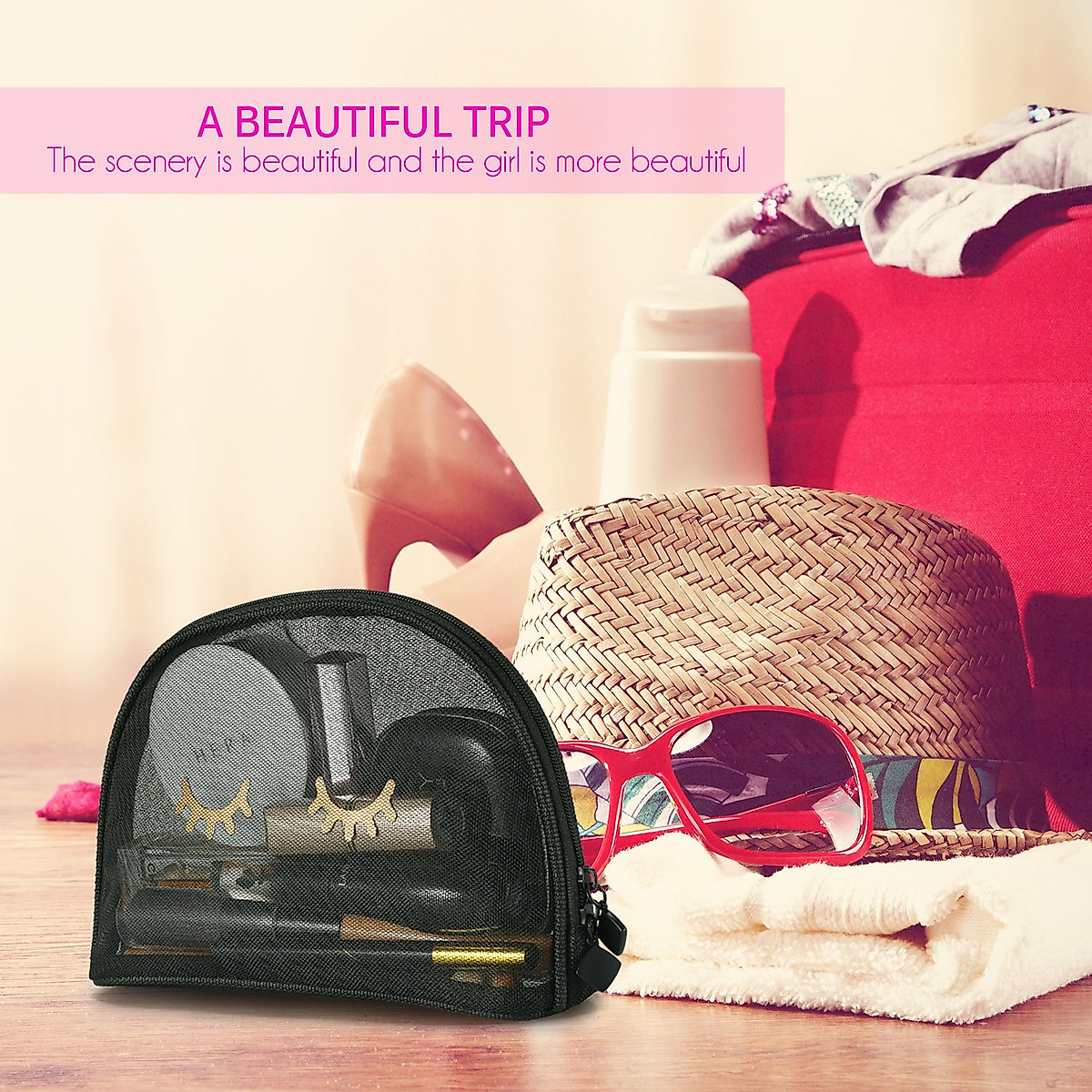 Cosmetics Bag, See Through Makeup Bag/Organizer, Stylish Eyelashes, 9x6 pouch, Mesh Travel Accessories Organizer by Charmonic (Black)