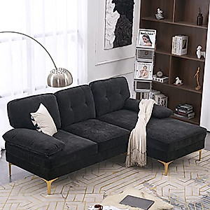 POULEII Sectional Sofa,Modern L-Shape Modular Sectional Sofa Sleeper Couch with Chenille Fabric and Gold-Plated Feet for Living Room, Apartment, Office,Black