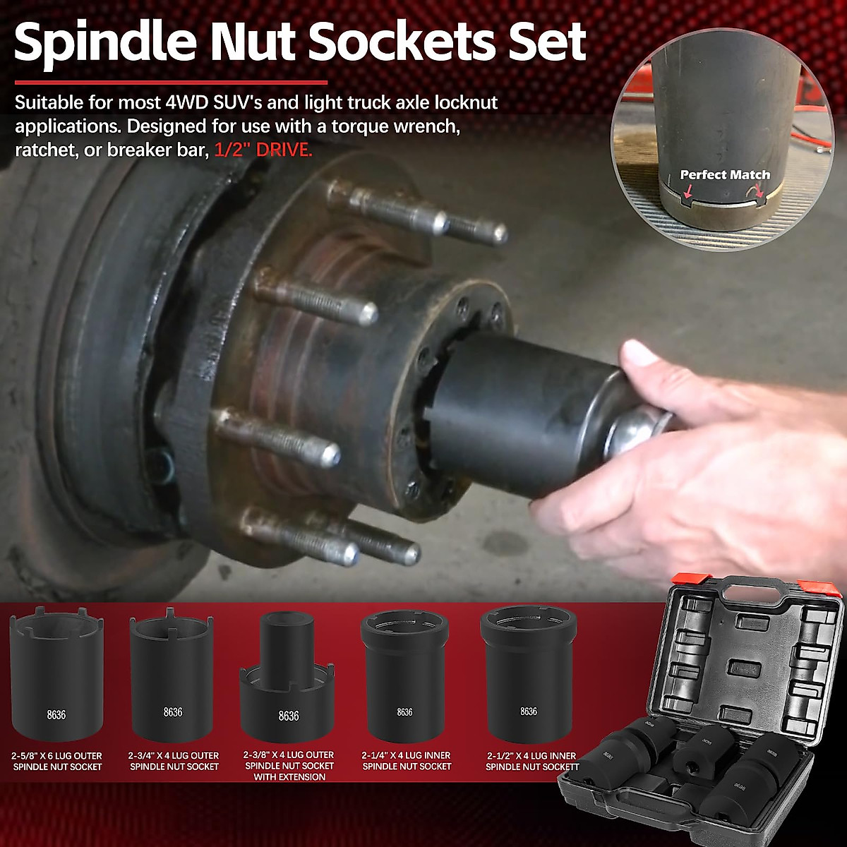 Spindle Nut Socket Tool Kit 5 Pcs Axle Hub Lock Nut Socket Set 1/2” Drive Wheel Drive Spindle Nut Remover Installer for Ford Dana 50/60, Chevy, and Dodge, Replace# 648636 Lug Out Spindle Socket Set