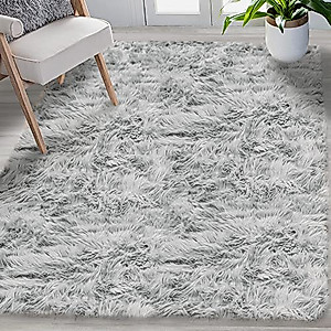 lalaLOOM Soft and Thick Faux Fur Rug, 5x7, Machine Washable, Super Fluffy Carpets for Bedroom and Living Room Floors, Durable Rubber Backing, Luxury Shag Area Rugs for Modern Interior, Soft Gray