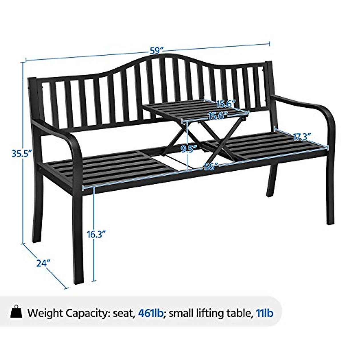 Yaheetech Outdoor Garden Bench w/Pullout Middle Table, Metal Patio Bench, Front Porch Bench for Backyard, Weather-Resistant Frame, Patio Seating for 2-3 Person, Black