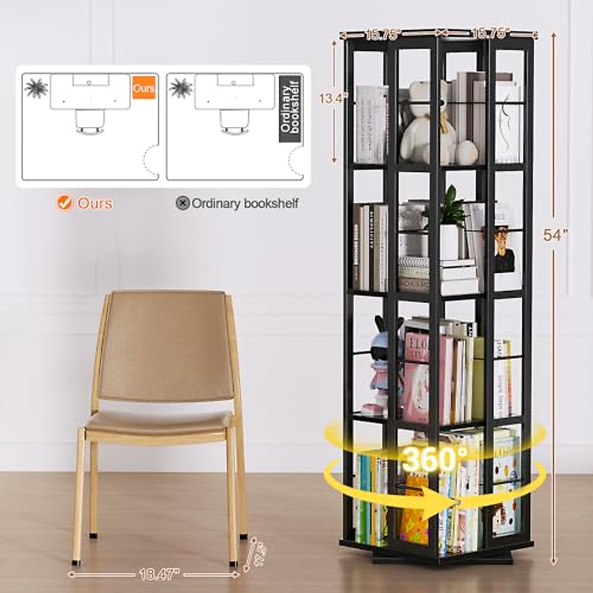 Besiost Bookshelf, Rotating Bookshelf Corner Bookcase, 360 Wood Spinning Narrow Bookshelf, 4 Tier Floor Standing Bookcase Shelf Revolving Organizer Storage Rack for Small Space, Study Room, Black Oak