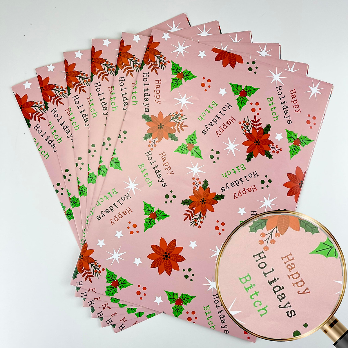 Vnaaem Funny Wrapping Paper Rude Xmas - Happy Holiday Bixxh - Pink Christmas Wrapping Paper Adult - Perfect for Winter Girlfriend Women - Inappropriate Gift Wrap - 20 X 28 Inches (6 Folded Sheet)