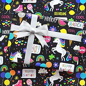 Birthday Wrapping Paper For Kids Girls Boys, Unicorn Design Gift Wrapping Paper for Birthday Baby Shower with 78.7 inches Ribbon, 4 Sheets Folded Flat 20x28 inches per sheet