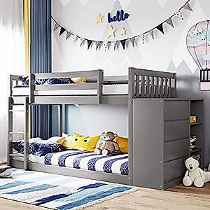 Harper & Bright Designs Twin Over Twin Bunk Bed with Storage, Wood Floor Bunk Beds with 4 Drawers & 3 Shelves, Low Bunk Bed, Twin Loft Bed for Kids, Girls Boys, Teens, Adults (Gray)