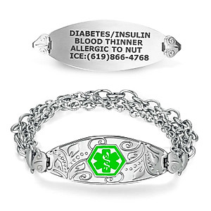 Divoti Custom Engraved Medical Alert Bracelets for Women, Stainless Steel Medical Bracelet, Medical ID Bracelet w/Free Engraving – Lovely Filigree Tag w/Tri-Strand-Light Green-6.0"